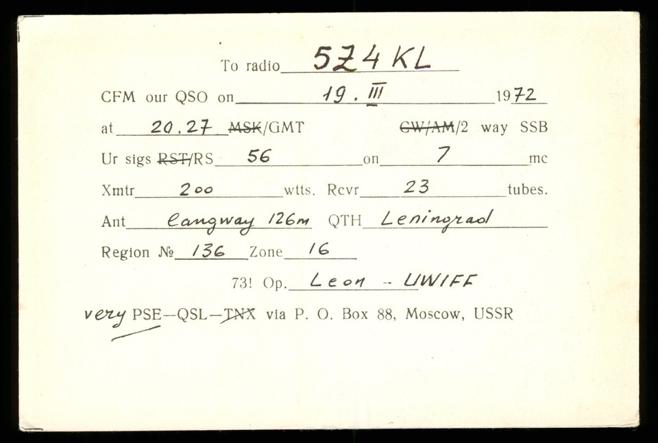 QSL Card Radio Russia USSR UW1FF Leningrad 1972 Yuri Gagarin April 1961 ...