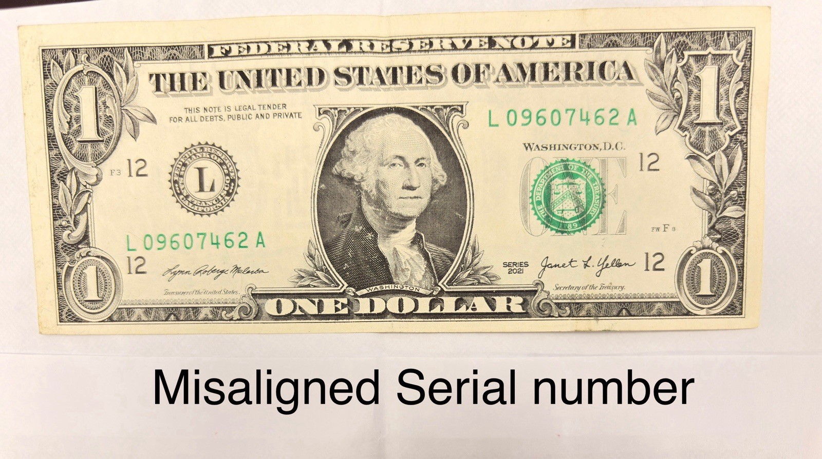 Error Serial Number Misaligned/Edge Mis-cut On 2021 $1 Dollar Bill-(See ...