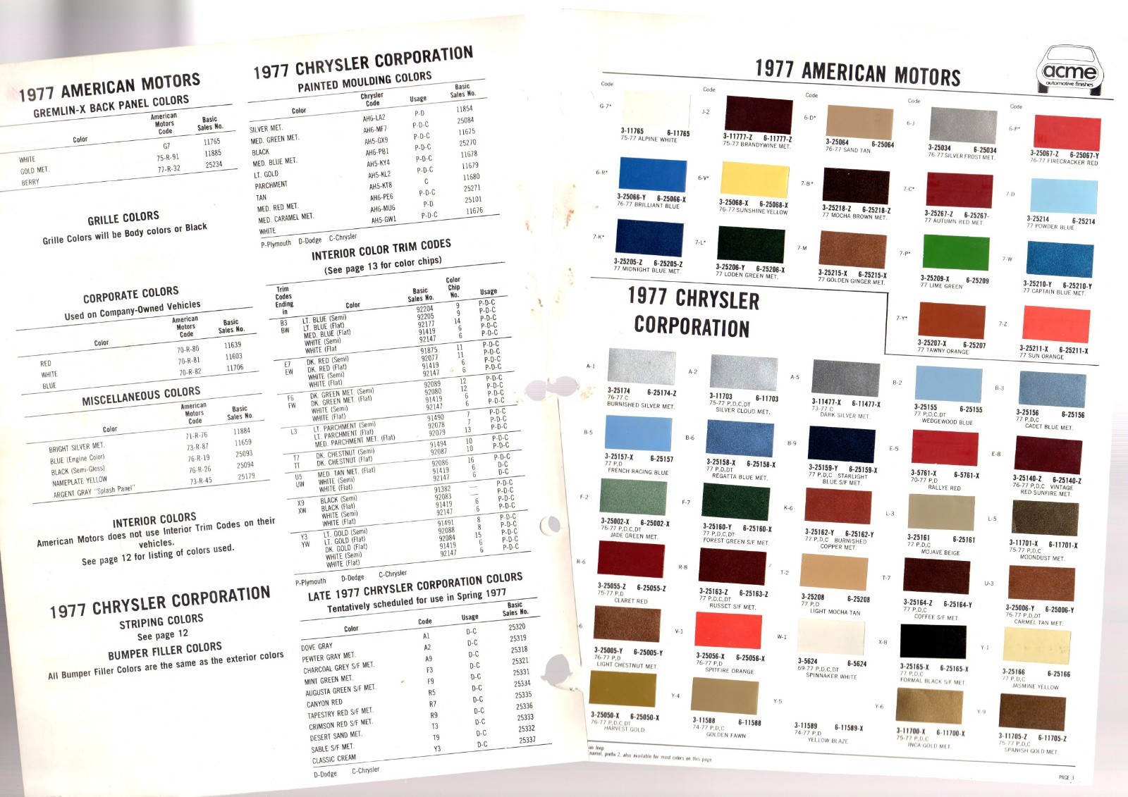 1977 AMC / CHRYSLER COLOR CHIP PAINT SAMPLE CHART Brochure with ...