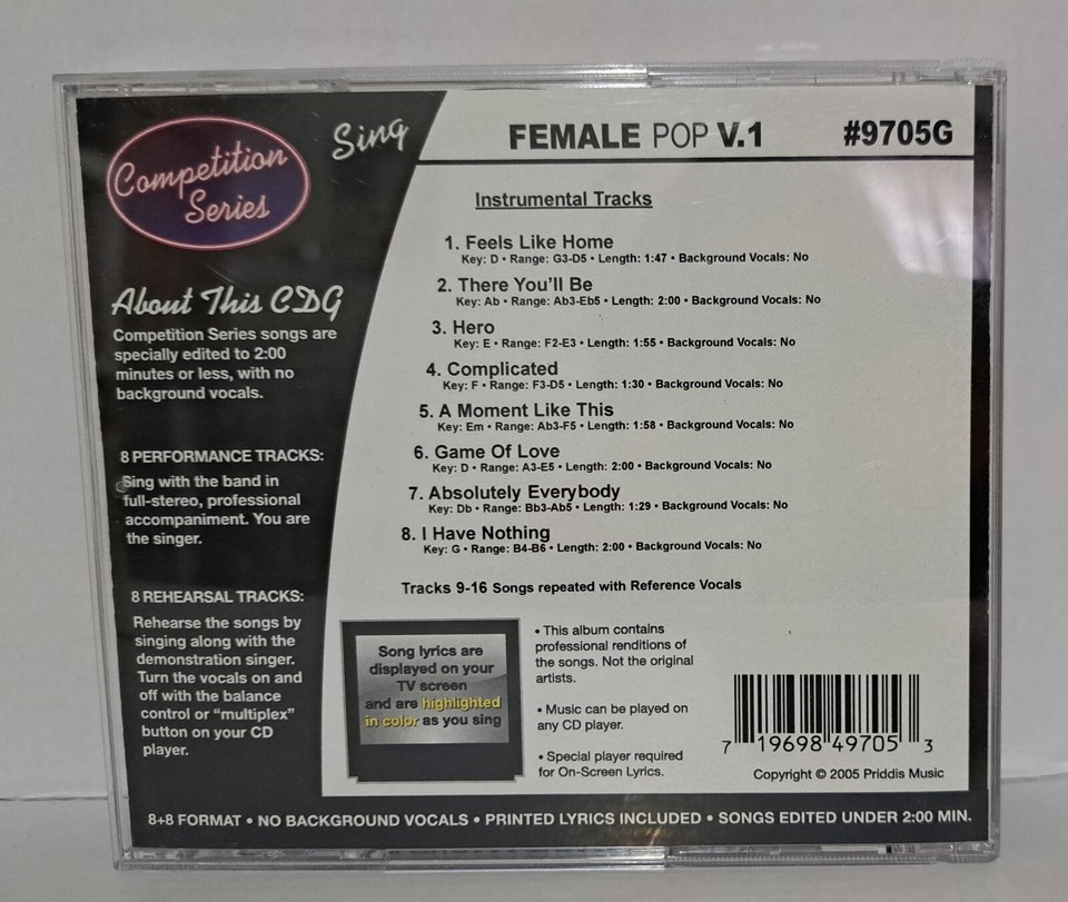 Priddis Competion Series KARAOKE CDG Female Pop Vol. 1 #9705G 8 Songs w ...