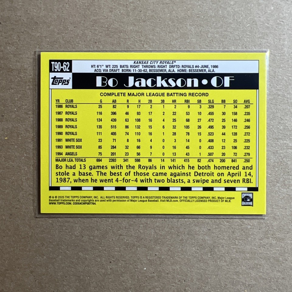 2025 Topps Series 1 1990 Topps Baseball BO JACKSON #T90-62 Royals MLB ...