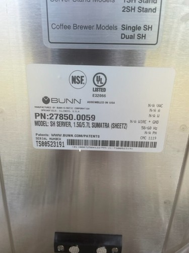 Bunn SH Server 1.5G 5.7L PN 27850.0059 Pre-Owned Bunn-O-Matic NSF for ...