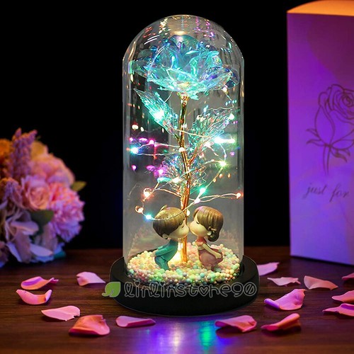Eternal Rose Flower In Glass Dome W/ LED Light & Kiss Doll Romantic ...