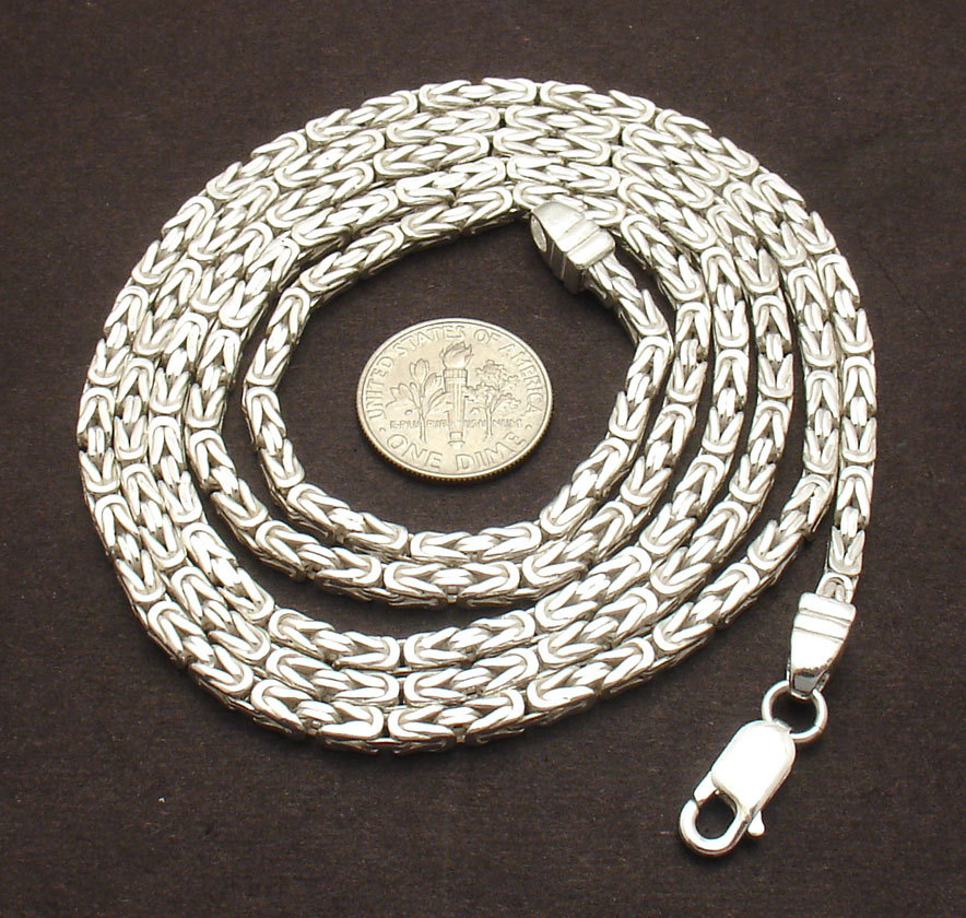 Mens Long 3.5mm Solid Square Byzantine Chain Necklace Brass Silver Tone ...