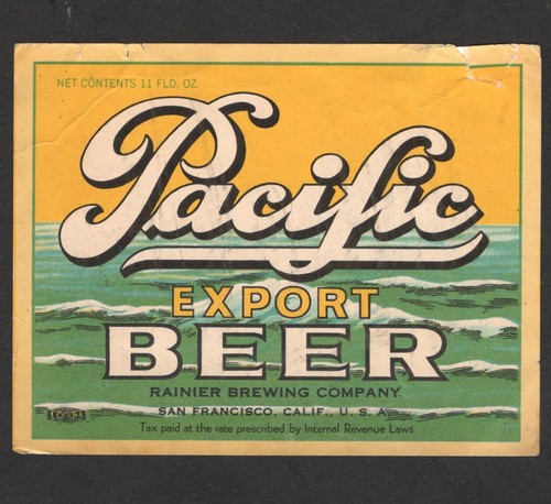 Pacific Export beer label, IRTP, Rainier, San Francisco, CA, 1930s-40s ...