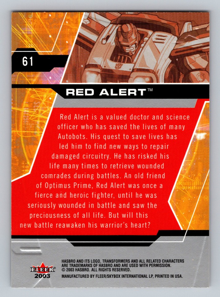 2003 Fleer Transformers Armada #61 Red Alert Autobot Trading Card ...