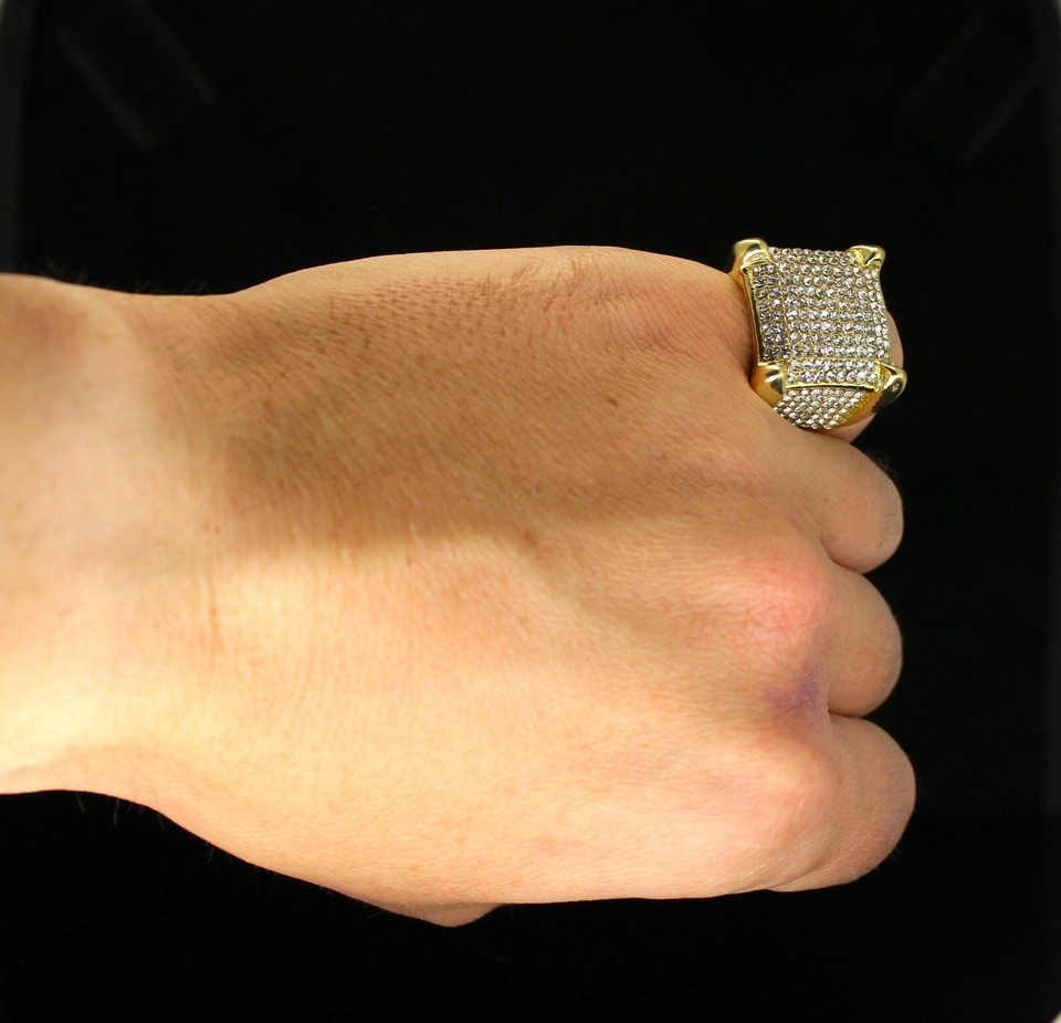 Mens Iced Square Pinky Ring Cz Band 14k Gold Plated Hip Hop Fashion | eBay