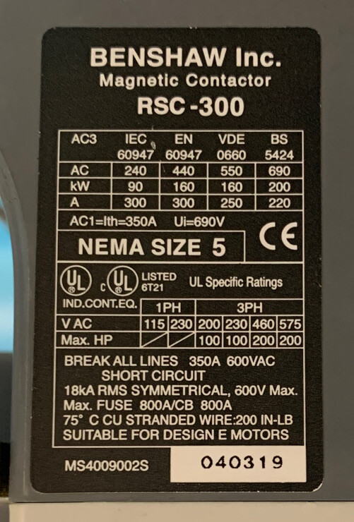 Benshaw NEMA Size 5 Magnetic Contactor Rsc-300 200hp for sale online | eBay