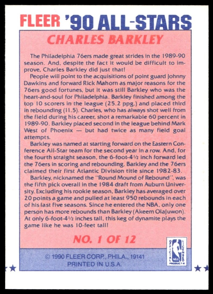 Charles Barkley Philadelphia 76ers 1990 Fleer All Stars #1 | eBay