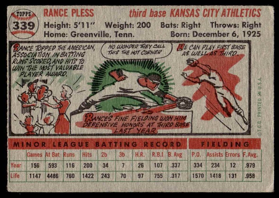 1956 Topps Rance Pless VG/EX RC Kansas City Athletics #339 | eBay