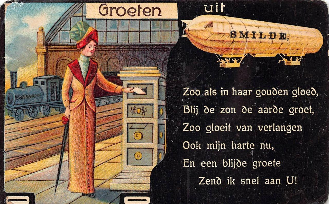 GROETEN UIT SMILDE NETHERLANDS ZEPPELIN AVIATION TRAIN MAIL POSTCARD (c ...