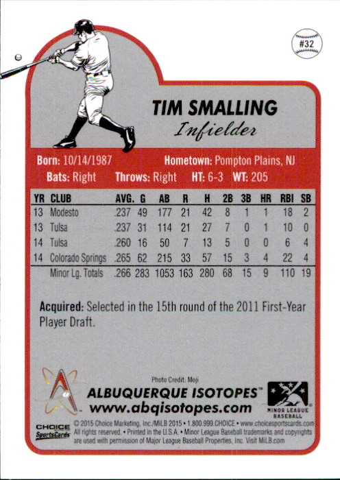 2015 Albuquerque Isotopes Choice #32 Tim Smalling Pompton Plains New ...