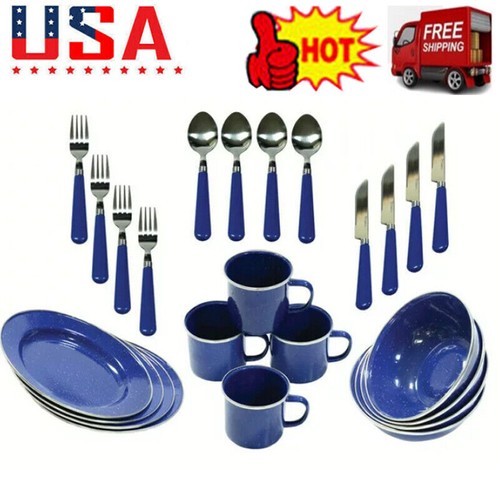Compact 24 Piece Enamel Dinnerware Set Plates Dish Bowl Mug Camping ...