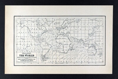 1894 Cram World Map - Progress of High Tides at New & Full Moon Ocean ...