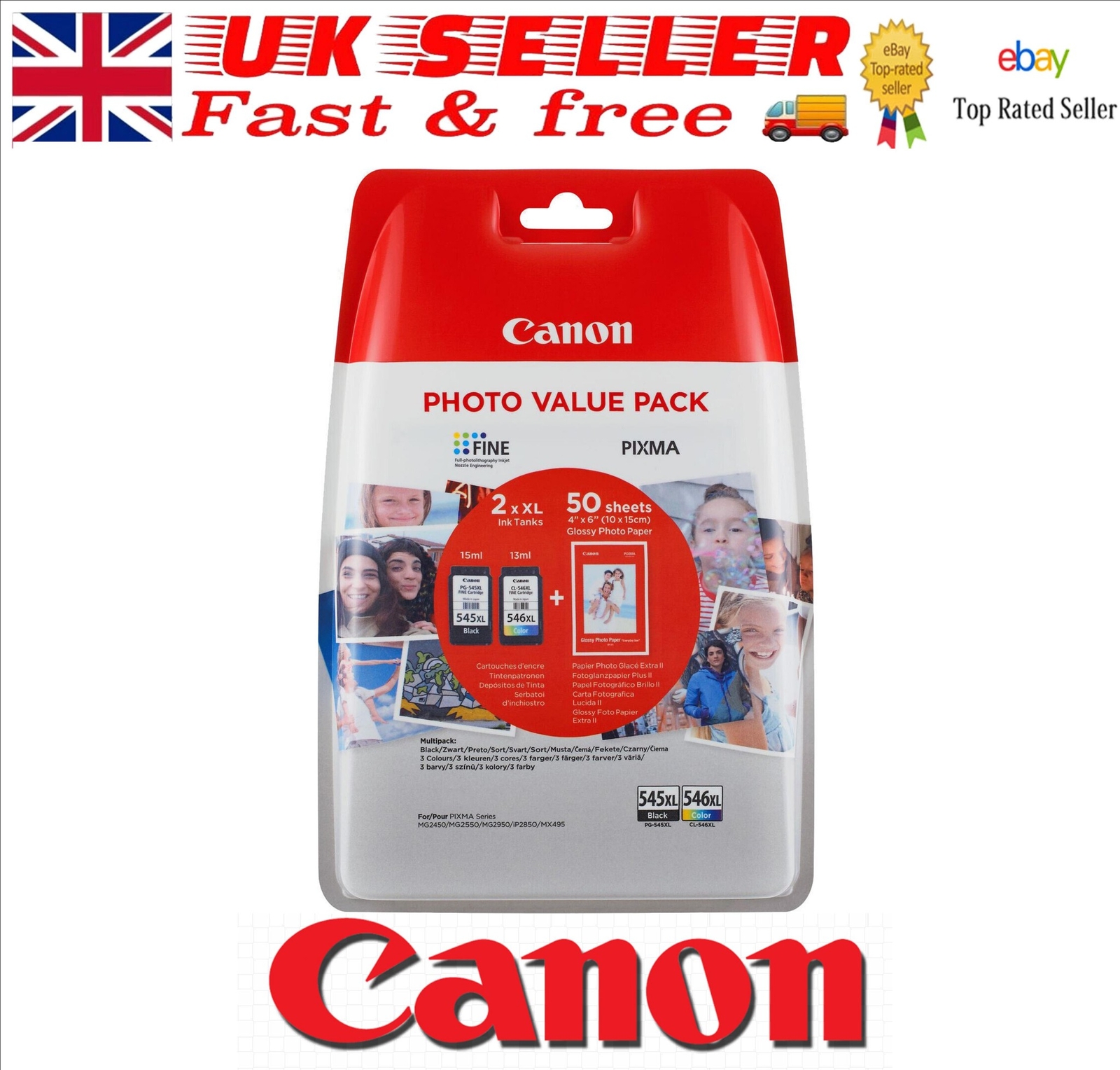 Genuine Canon PG-545XL & CL-546XL High Capacity Ink Cartridge & Paper ...