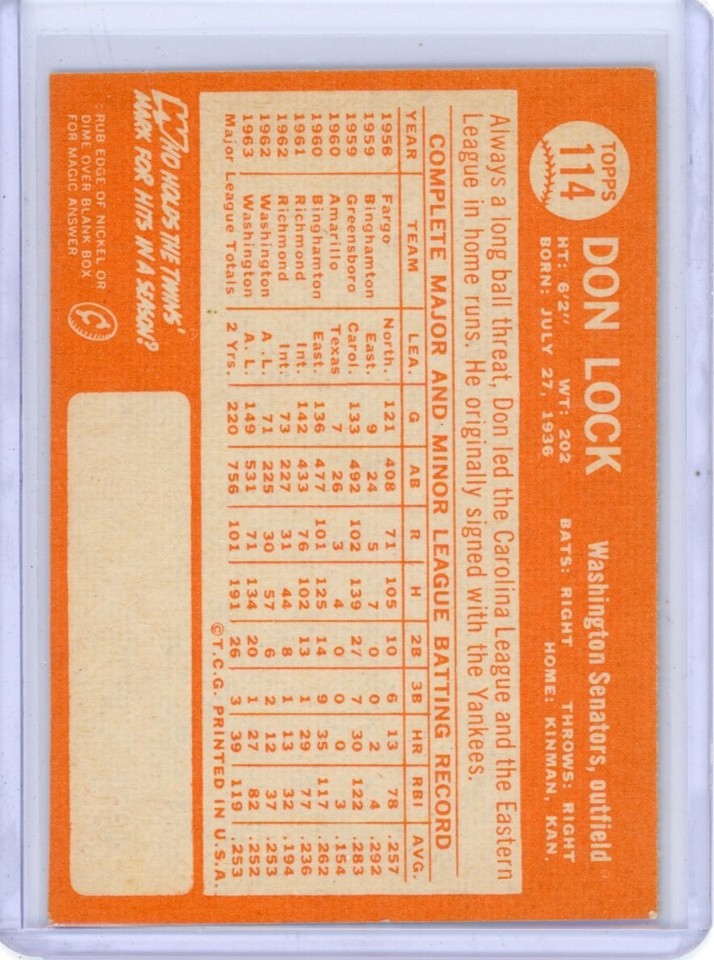 1964 TOPPS DON LOCK #114 WASHINGTON SENATORS EX EXCELLENT | eBay