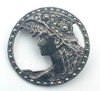 925 Sterling Silver & Marcasite Art Nouveau Lady Pin/Brooch 12.6 Grams ...
