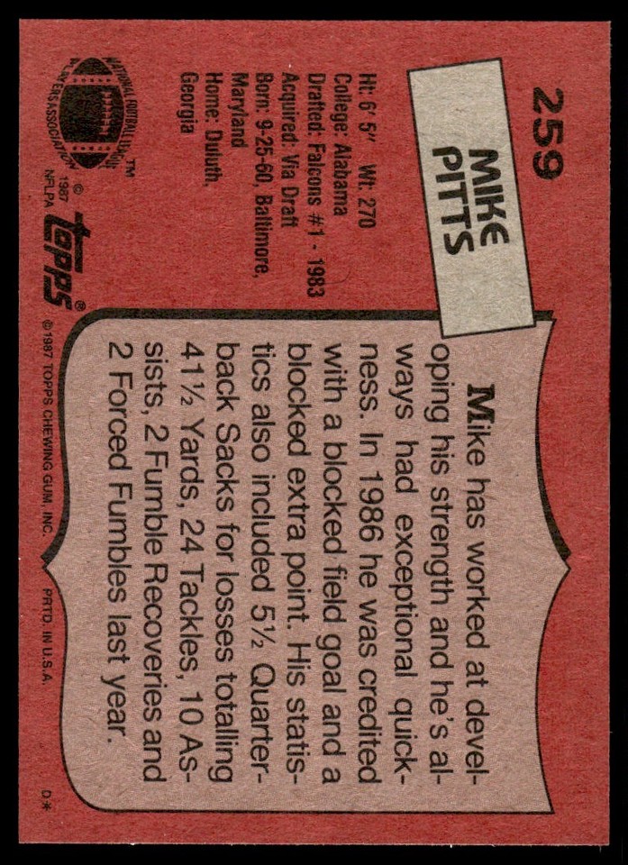 1987 Topps Mike Pitts Atlanta Falcons #259 | eBay