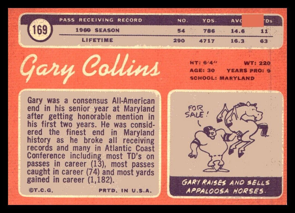 1970 Gary Collins Topps Football #169 EX-MT *NICE* SET BREAK | eBay