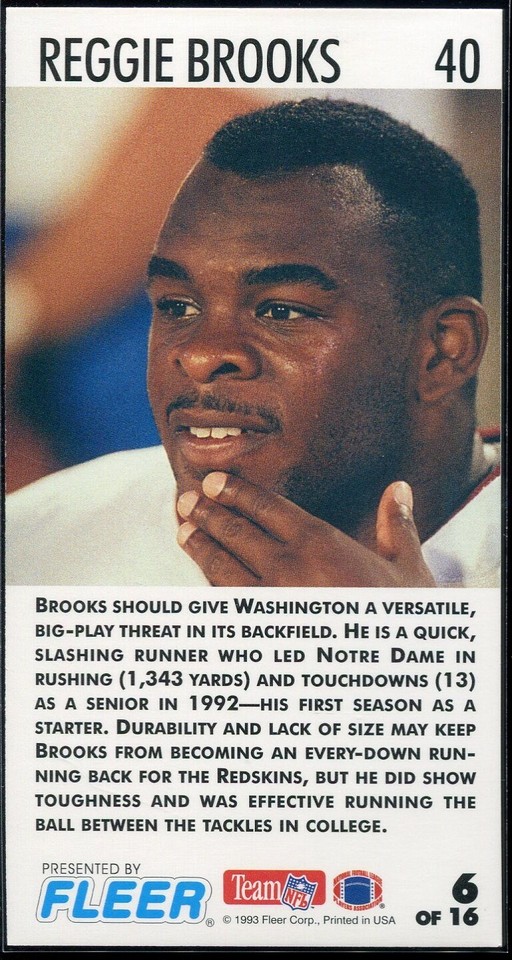 1993 Fleer Game Day Reggie Brooks #6 Of 16 Rookie Standouts Wash ...