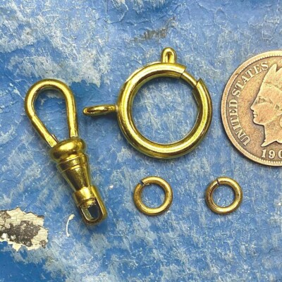 1 set vtg GOLD tone pocket watch chain clasp Spring Ring Swivel clip ...