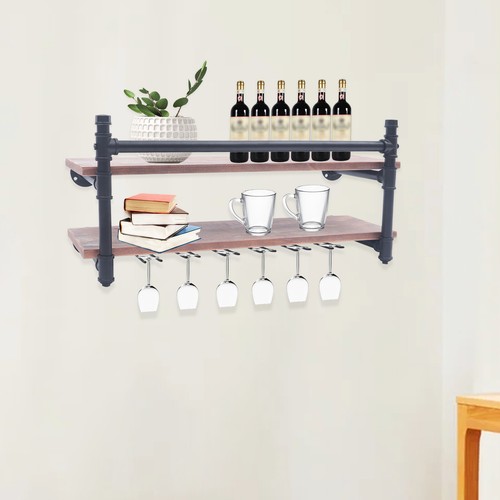 2-Tiers Pipe Hanging Wine Rack Wall-mounted Shelf?Wine Bottle Display ...