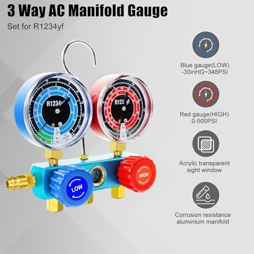 AC R1234yf Manifold Gauge Set, 3 Way Car Air Conditioning 1234yf ...