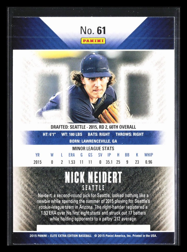 Nick Neidert 2015 Panini Elite Extra Edition ROOKIE #61 Seattle ...