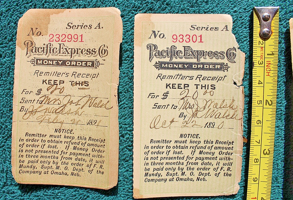 3x Pacific Express Company Money Orders 1891 Remitter Receipts Series A ...