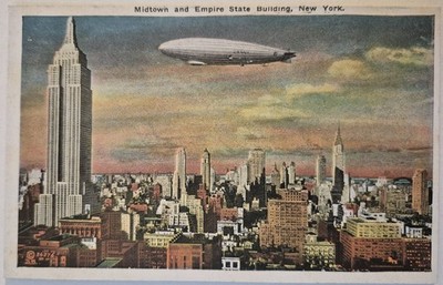 Vintage Postcard Blimp Over Midtown Empire State Building Dirigible NY ...