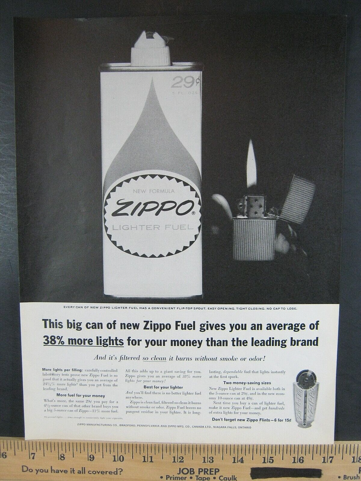 1963 Vintage Print Ad Zippo Lighter Fuel Flints Flame Flip-Top Spout ...