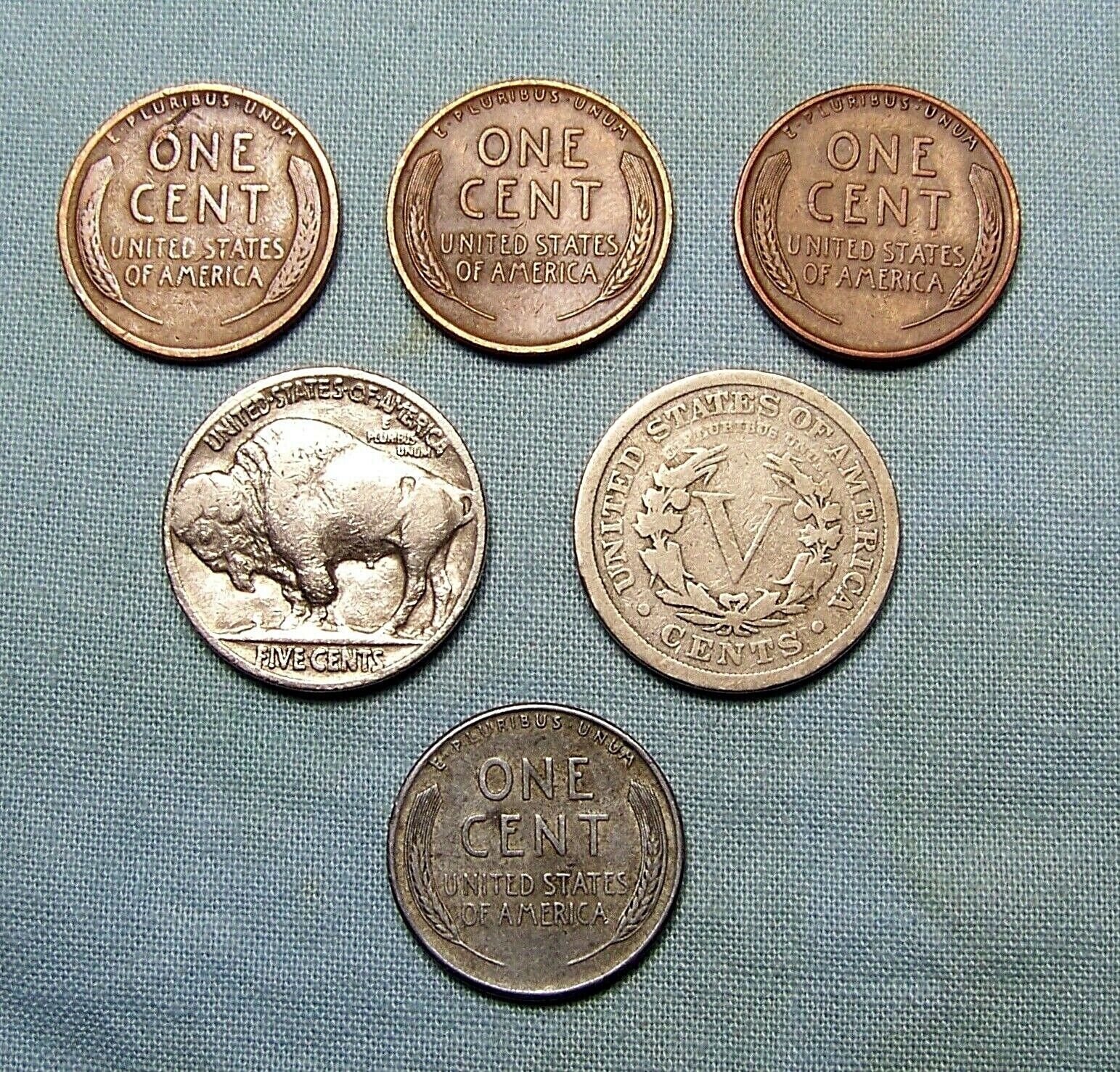 Lot of Old US Coins Buffalo, Liberty Nickel, Steel Cent with 3 WHEAT ...