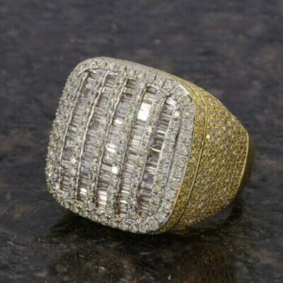 5 Ct Baguette Cut Men's Pinky Ring 14K Yellow Gold Plated 925 Sterling ...