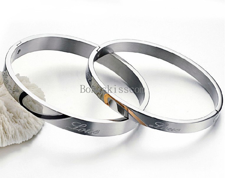 Matching Heart Shape Stainless Steel " Real Love " Couples Bangle ...