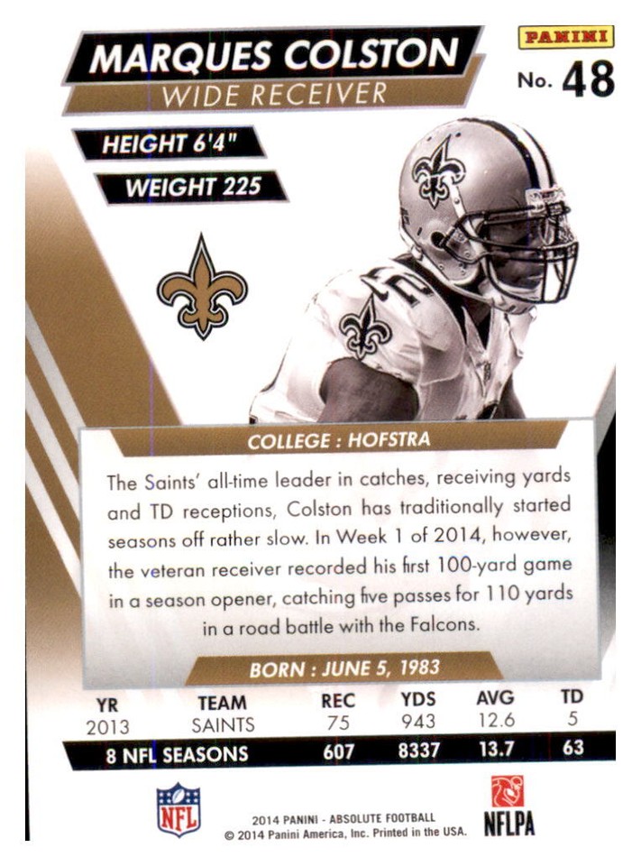 2014 Absolute Foil Marques Colston NFL Base Card PWE Set Break Saints ...