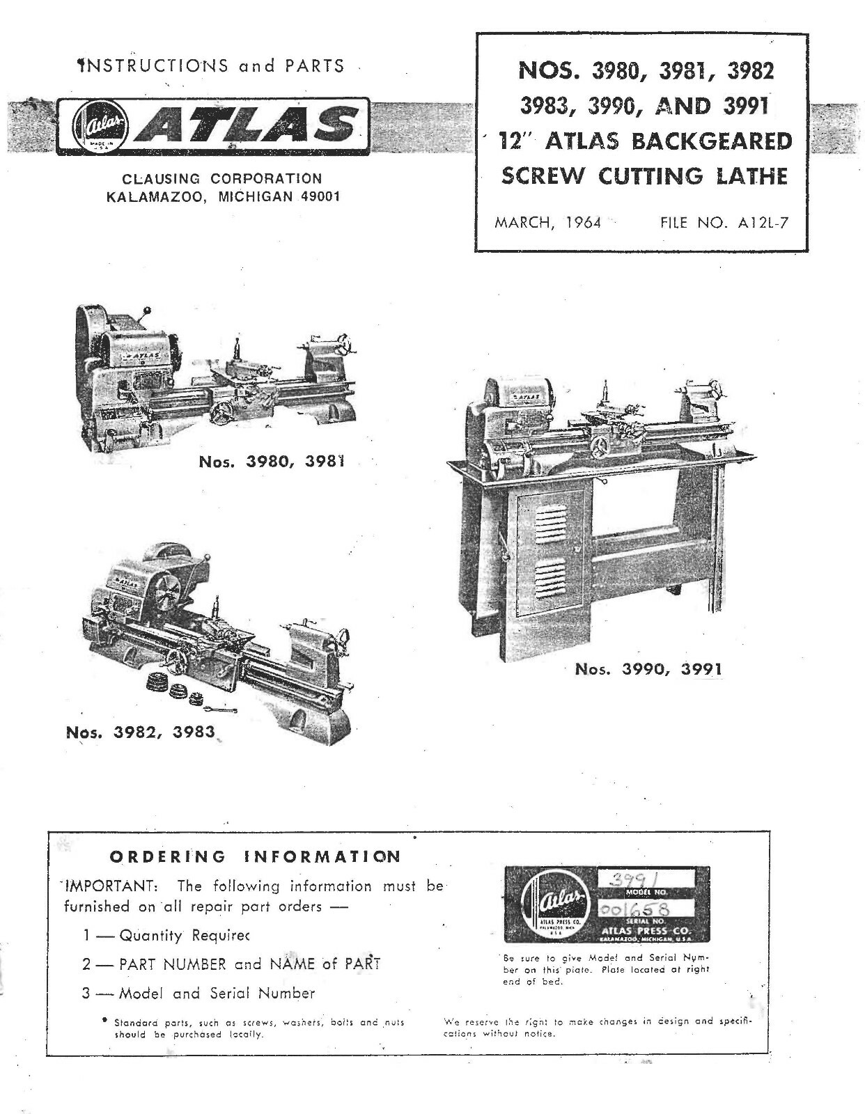 Manual 3980,3981,3982,3983,3990,3991 Atlas 12" Backgeared Screw Cutting ...