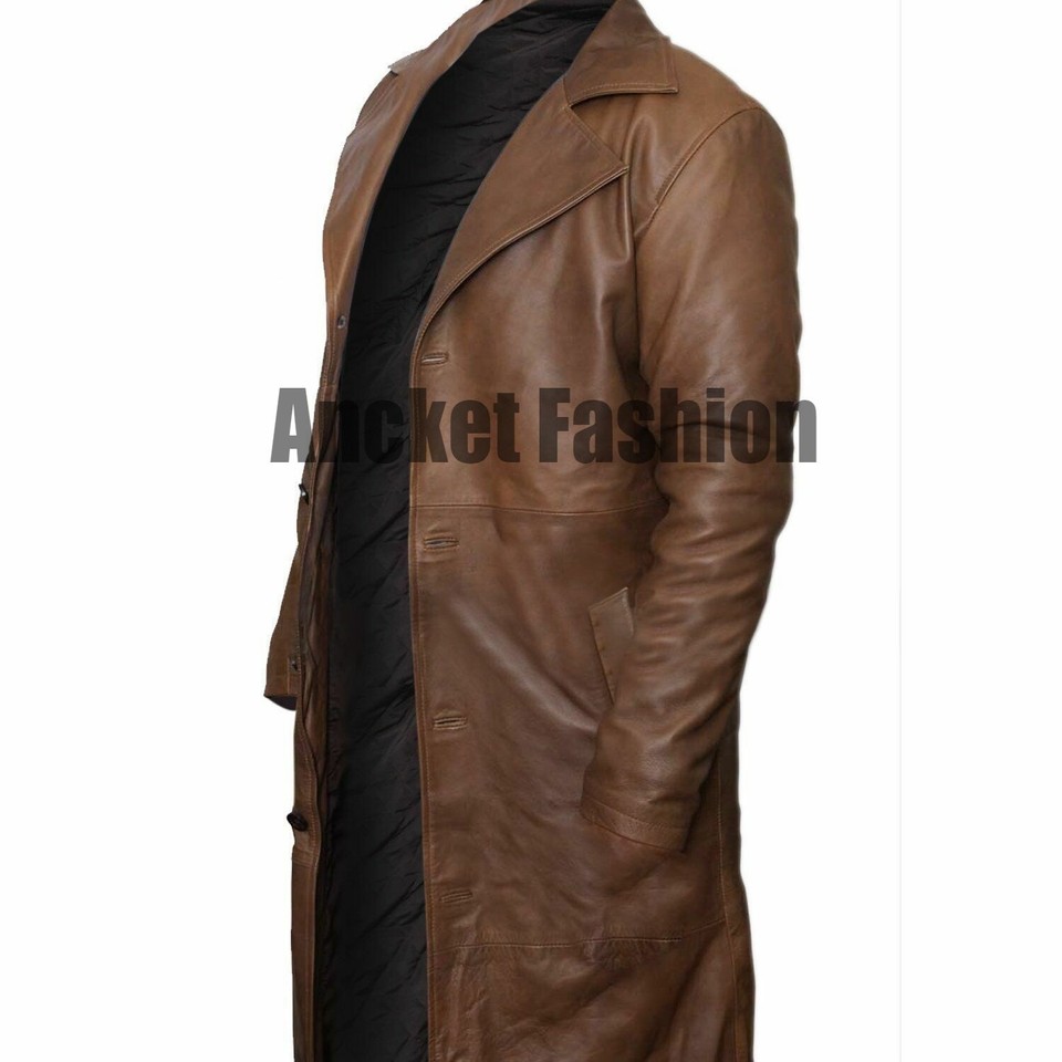MEN'S VINTAGE BROWN GENUINE LEATHER JACKET DUSTER COAT | eBay