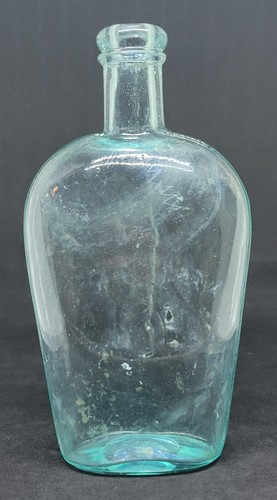 ANTIQUE 1890'S PINT SIZE STRAP SIDE FLASK LIQUOR BOTTLE TEAL F BASE ...