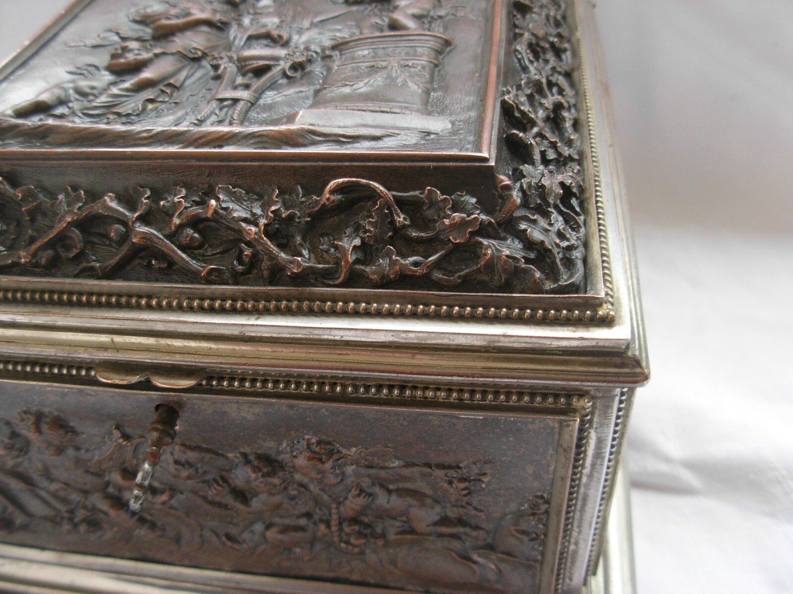 ANTIQUE FRENCH EMBOSSED COOPER PLAQUE JEWEL BOX,CHERUB PATTERN,LATE ...