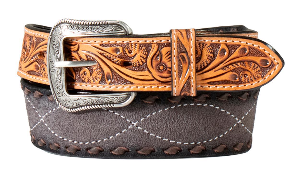 3D Western Belt Mens Leather Roughout Tapered Buck Lace Stitch Brown ...