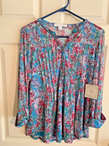 JUNIPER LIME Womens 3/4 Sleeve Floral Lined Pleated Mesh Henley TOP ...