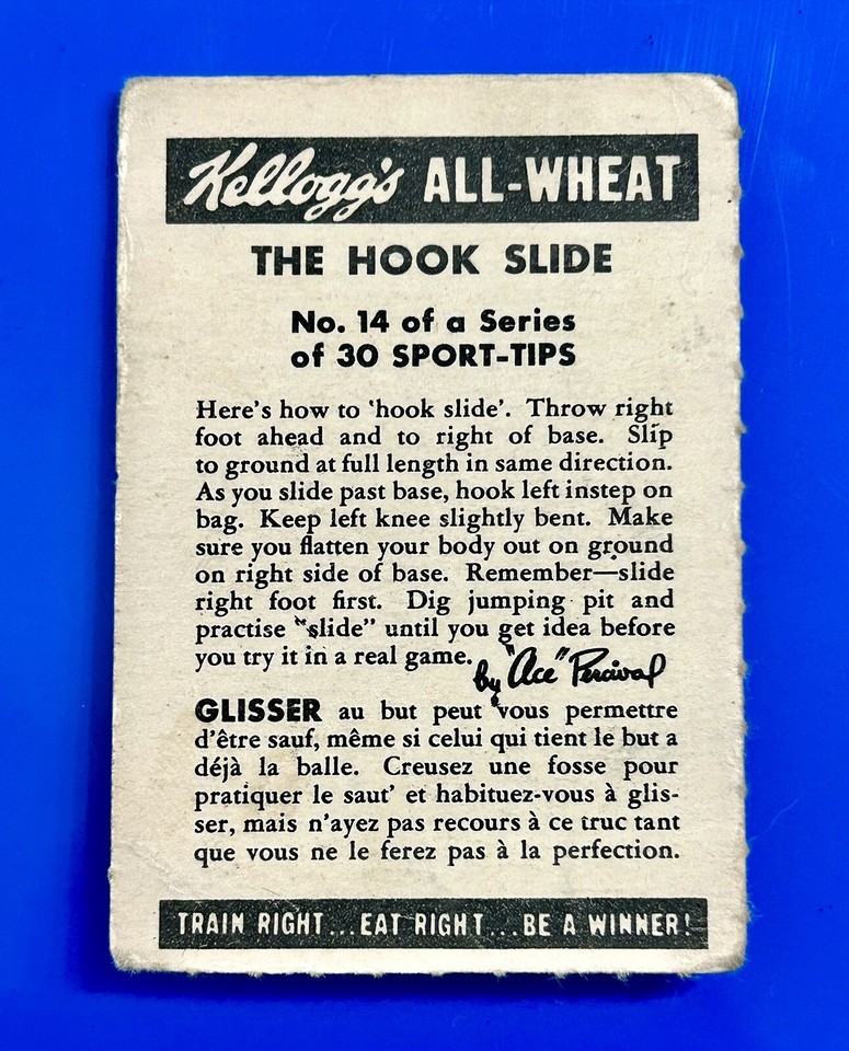 VINTAGE 1940's KELLOGG'S BASEBALL CARD ALL WHEAT # 14 HOOK SLIDE SPORT ...