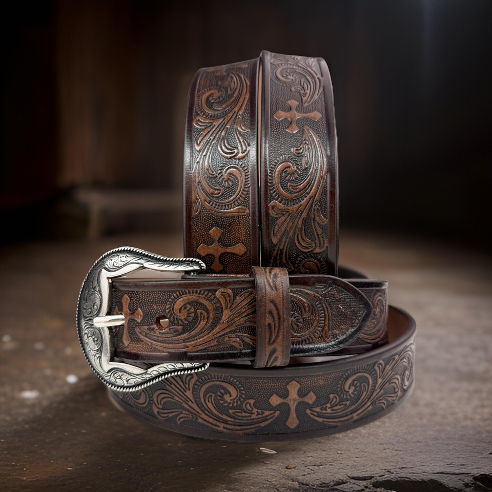 Full Grain Leather Hand Tooled Western Belt Cowboy Rodeo Cross ...