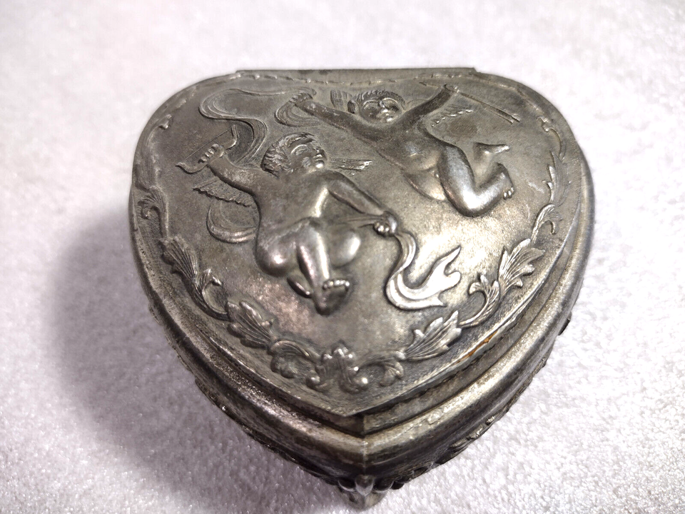 Vintage Heart Shaped Metal Trinket Box Angels Cherubs Silver Metal Made ...