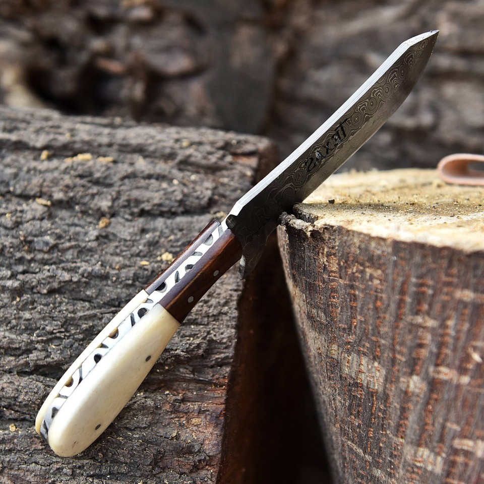 HAND FORGED DAMASCUS STEEL BULL CUTTER/COWBOY KNIFE & WOOD HANDLE AH ...