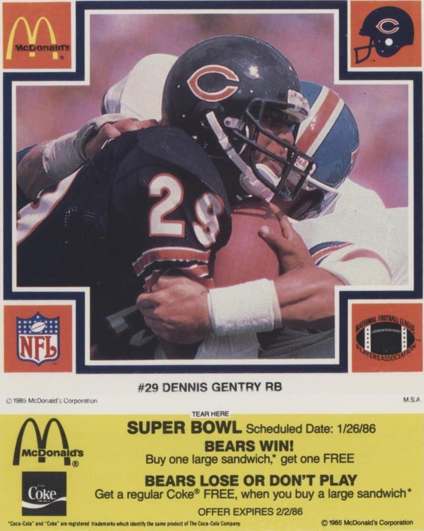 1985 McDonald's Chicago Bears - Dennis Gentry #29 Super Bowl Yellow Tab ...
