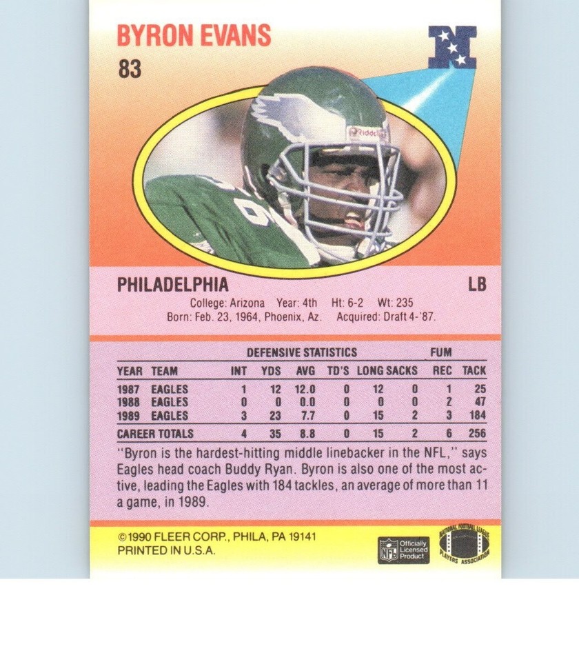 Byron Evans 83 Eagles 1990 Fleer NFL Football Trading Card | eBay