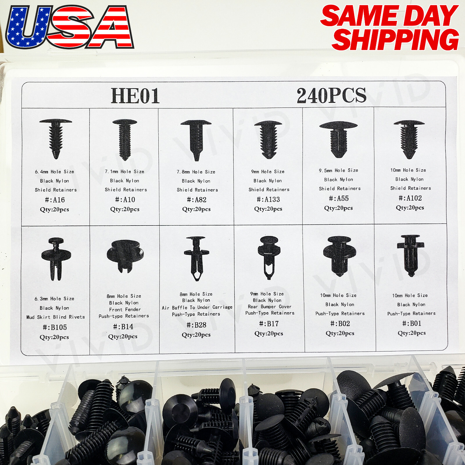 240pc Plastic Rivets Fastener Fender Bumper Push Clips w/ Removal Tool ...