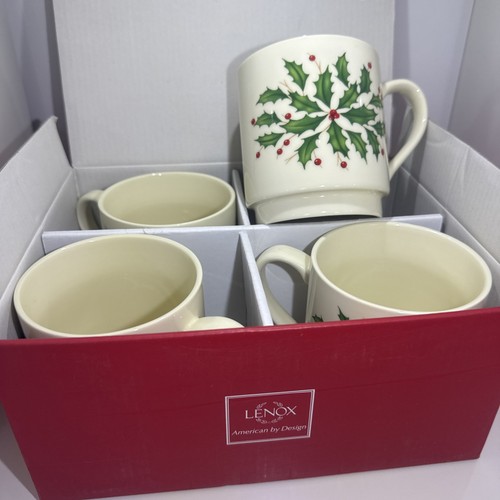 LENOX Holiday Pattern Stacking Stackable Mugs 12 oz Christmas Holly Set ...