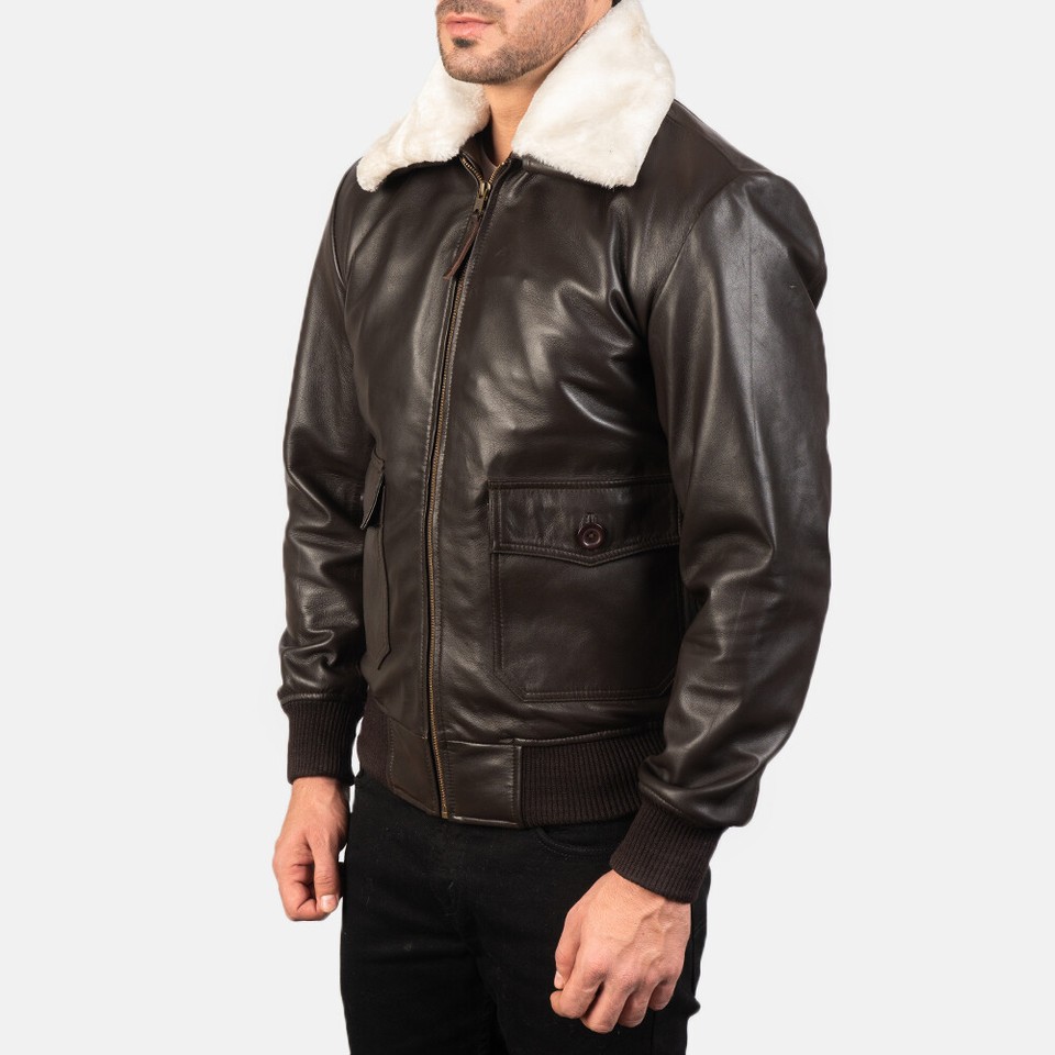 Men's Genuine Lambskin Leather Brown Bomber Jacket White Fur Collar ...
